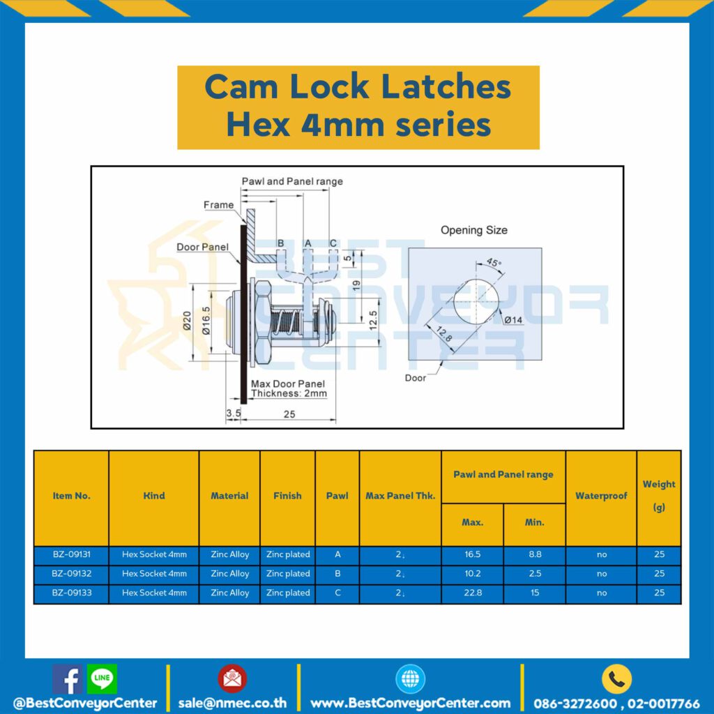 Cam Lock Latches Hex 4mm. Zinc Alloy Pawl B : BZ-09132 - Best Conveyor ...
